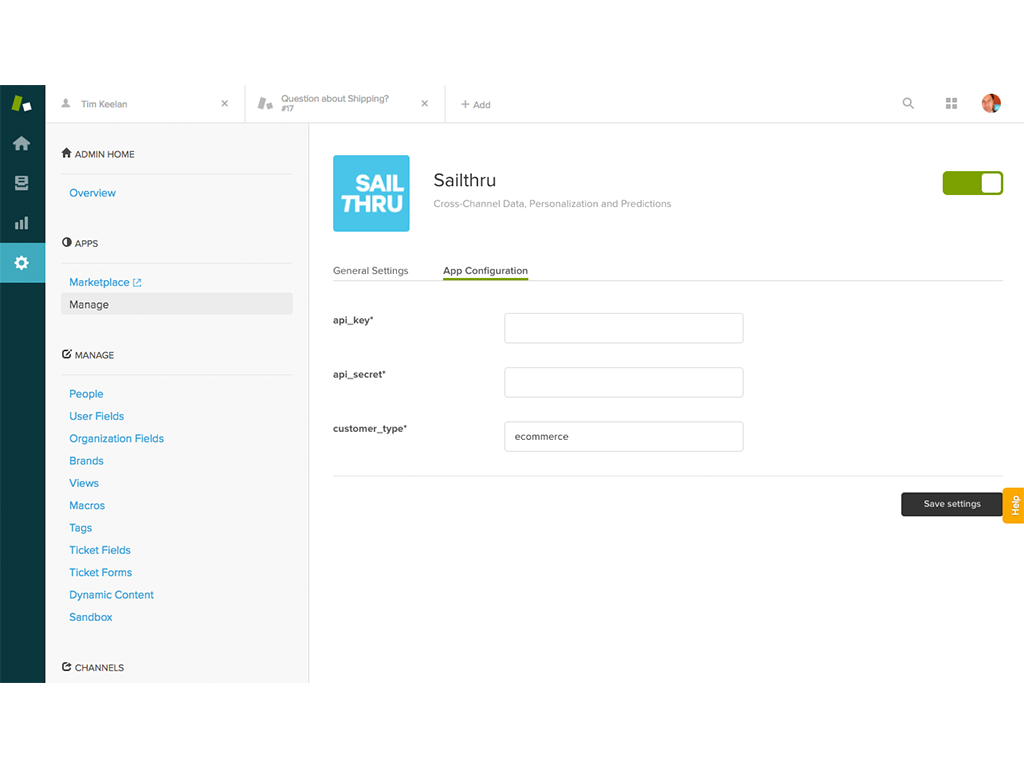 Sailthru App Integration with Zendesk Support